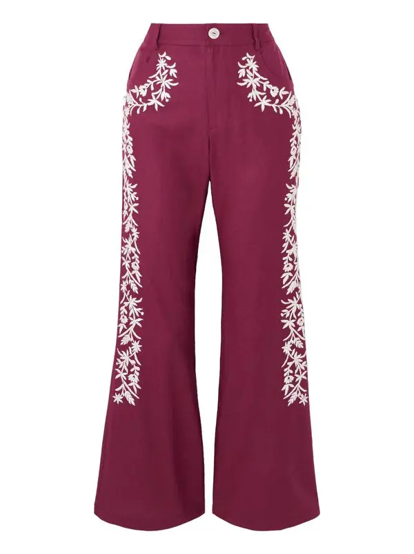 Alix Of Bohemia Embroidered Silk Flared Pants - Red