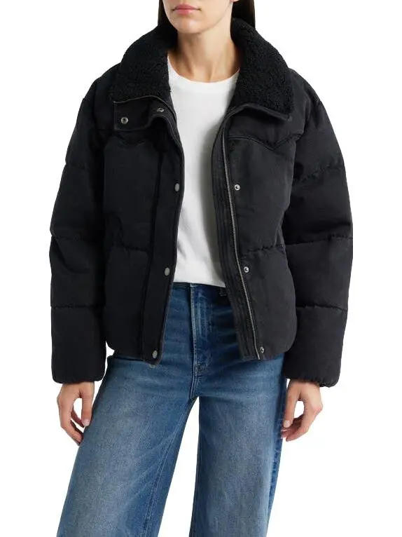 LEVI'S Western Denim Faux Shearling Collar Puffer Jacket - Black Denim