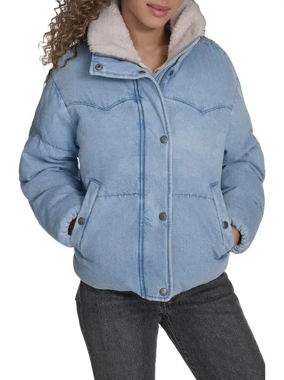 LEVI'S Western Denim Faux Shearling Collar Puffer Jacket - Light Wash Denim