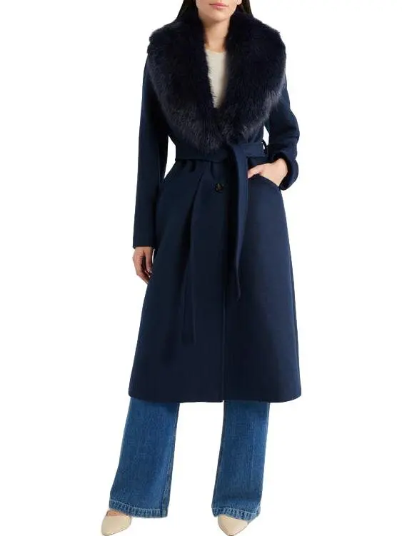 Michael Kors Belted Longline Coat With Faux Fur Collar - Midnight