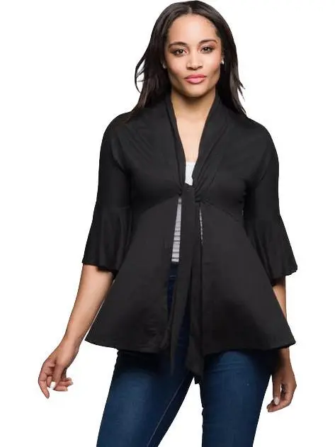 24SEVEN COMFORT APPAREL Tie-front Bell Sleeve Cardigan - Black