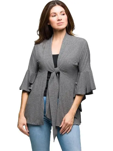 24SEVEN COMFORT APPAREL Tie-front Bell Sleeve Cardigan - Smoke