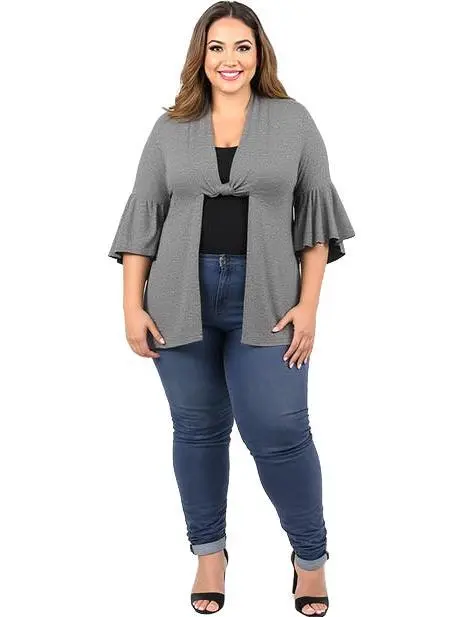 24SEVEN COMFORT APPAREL Tie-front Bell Sleeve Cardigan - Smoke