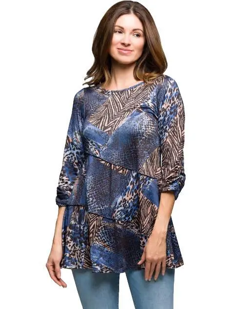 24SEVEN COMFORT APPAREL Three Quarter Sleeve Animal Print Tunic Top - Brown Multi