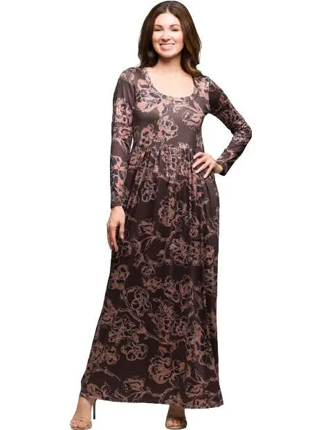 24SEVEN COMFORT APPAREL Floral Long Sleeve Scoop Neck Maxi Dress - Brown Multi