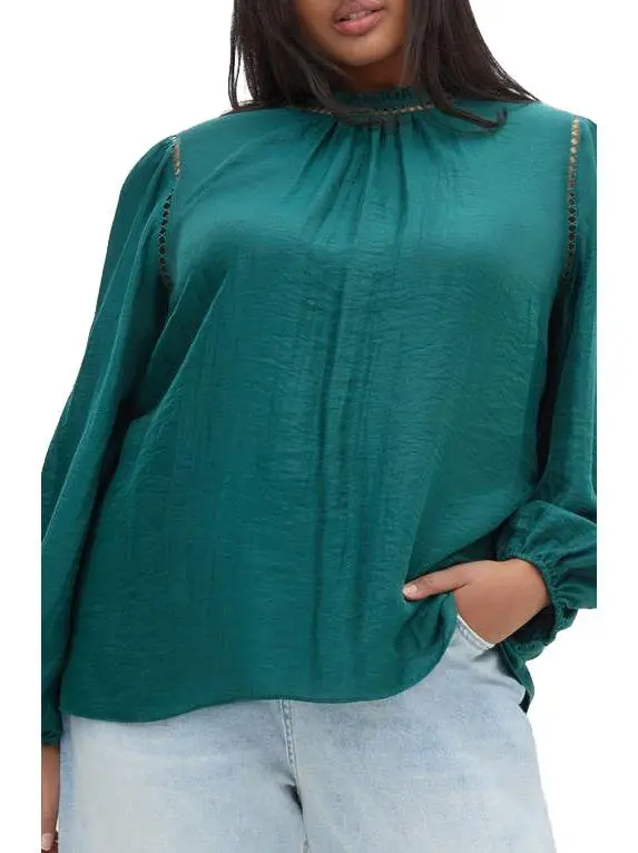 City Chic Lorelai Open Stitch Satin Top - Emerald