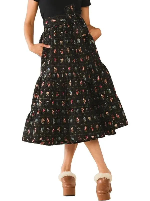 EDDY Quilted Floral Print Midi Skirt With Sash Waist Tie - Quilted Florence Black Floral