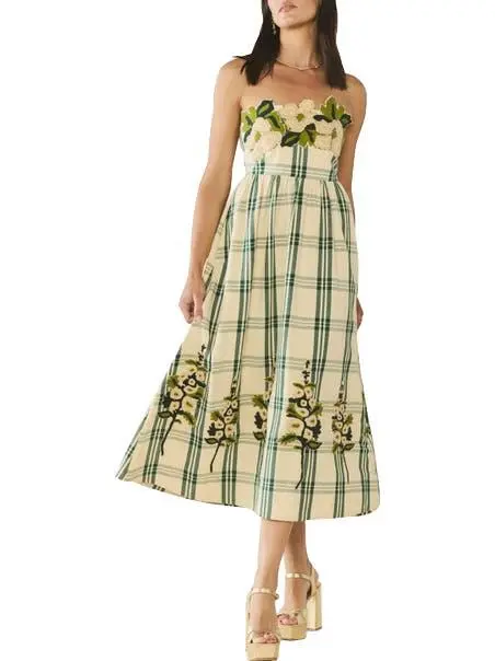 EDDY Lucy Strapless Plaid Midi Dress - Green Plaid Larsen Floral