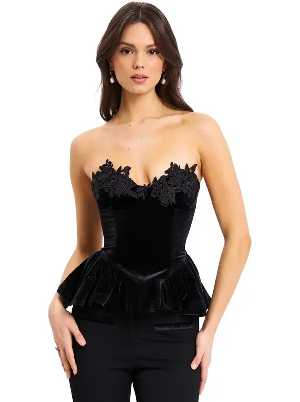 MISS CIRCLE Velvet Peplum Top With Lace Trim - Black