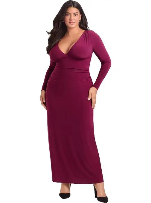 S3 APPAREL Sculpting Shapewear Shirred V-neck Long Sleeve Maxi Dress - Cherry Mocha