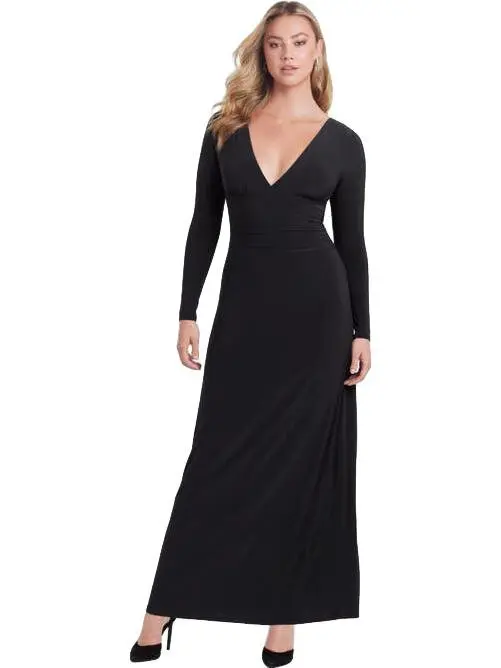 S3 APPAREL Sculpting Shapewear Shirred V-neck Long Sleeve Maxi Dress - Onyx Black
