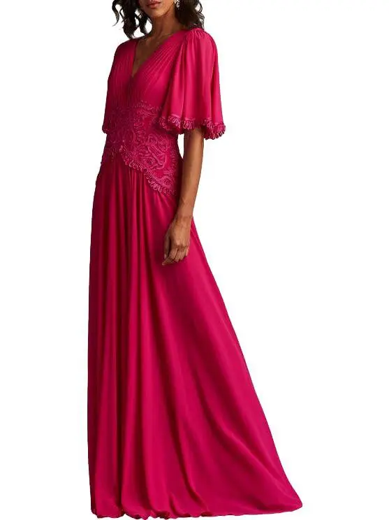 Tadashi Shoji Lace Detail Flutter Sleeve Chiffon Gown - Hibiscus