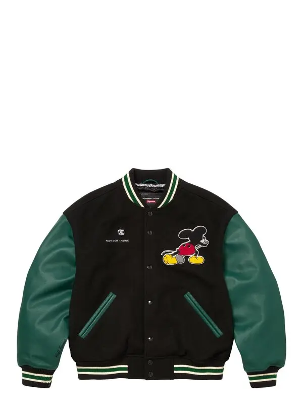 Supreme X Number Ine X Mickey Mouse Varsity Jacket - Black