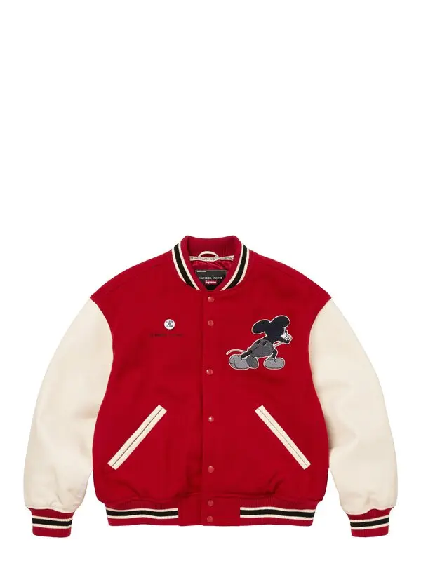 Supreme X Number Ine X Mickey Mouse Varsity Jacket - Red