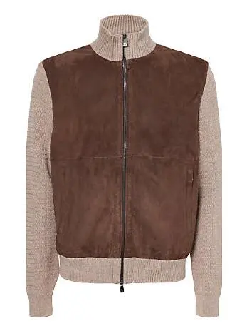 Corneliani Contrast Knitted Leather And Wool-blend Jacket - Brick Brown