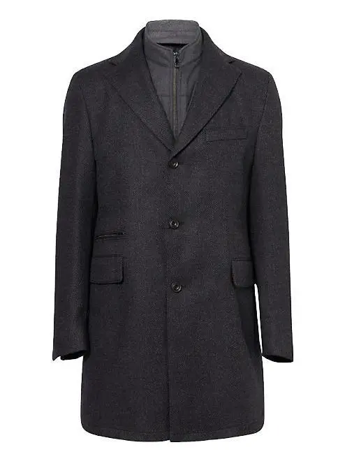 Corneliani Herringbone Wool Overcoat With Removable Bib - Grey Melange Antracite