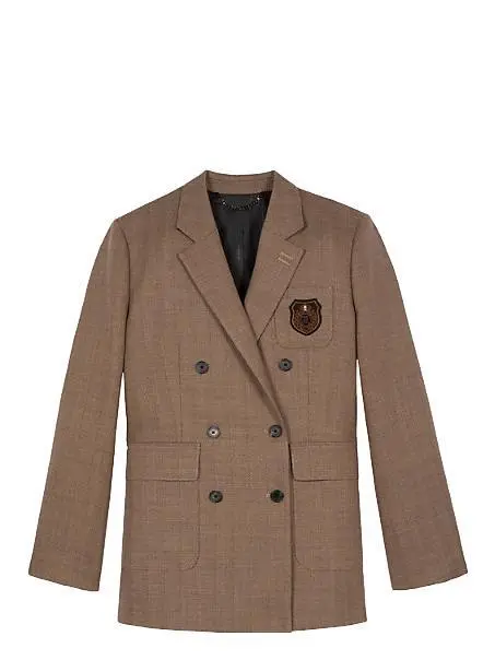 The Kooples Logo-patch Double-breasted Wool Blazer - Camel