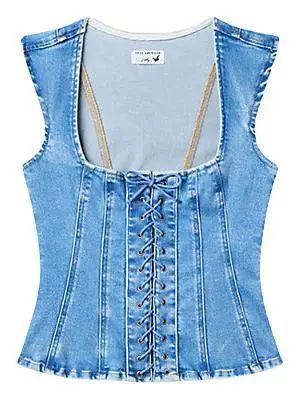 Good American Lace-up Stretch-denim Peplum Top - Indigo1090