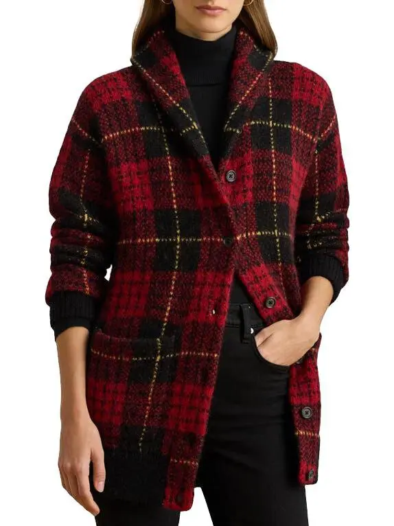 Ralph Lauren Plaid Shawl Collar Cardigan - Black/red Multi