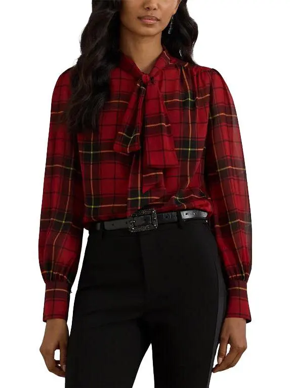 Ralph Lauren Plaid Tie Neck Chiffon Top - Black/red