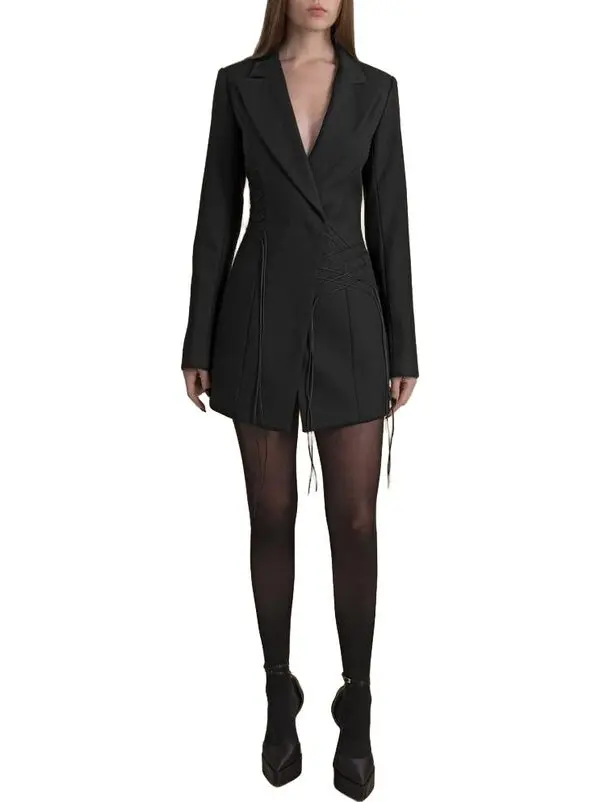 CONTESSA MILLS Structured Twill Dress With Leather Piping - Black