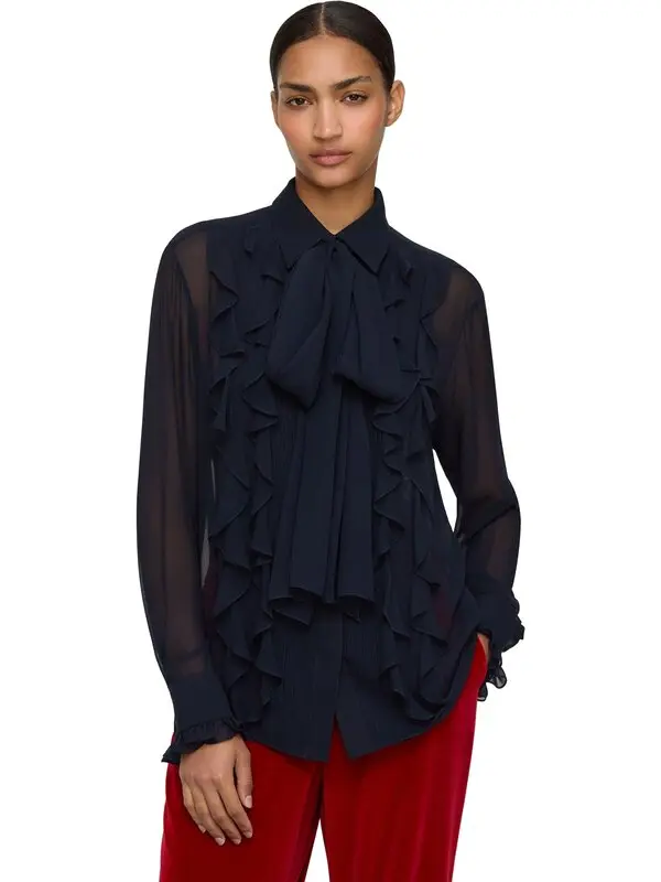Lafayette 148 New York Silk Georgette Ruffle Tie Neck Blouse - Blue Ink