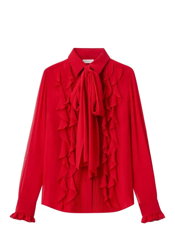 Lafayette 148 New York Silk Georgette Ruffle Tie Neck Blouse - Spark