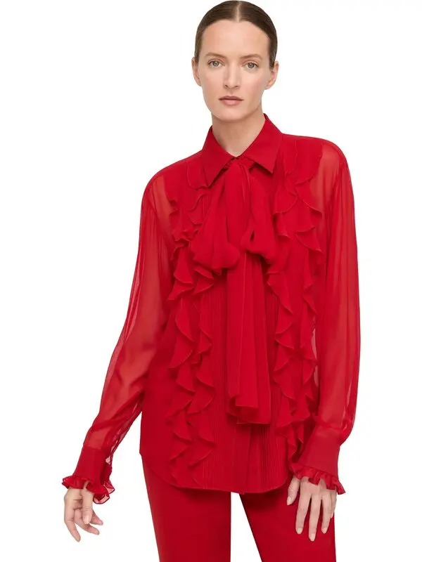Lafayette 148 New York Silk Georgette Ruffle Tie Neck Blouse - Spark