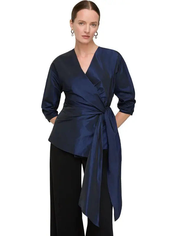 Lafayette 148 New York Taffeta V-neck Wrap Blouse - Royal Blue