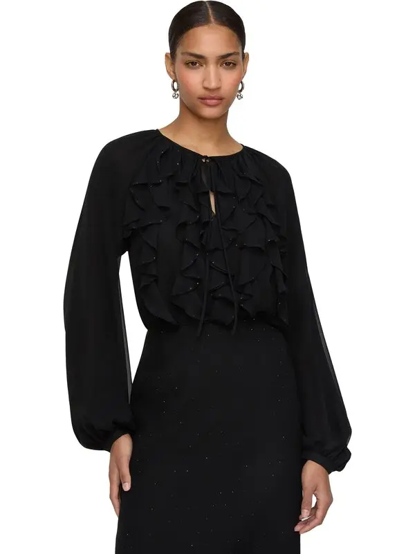 Lafayette 148 New York Silk Ruffle Blouse With Swarovski Crystals - Black