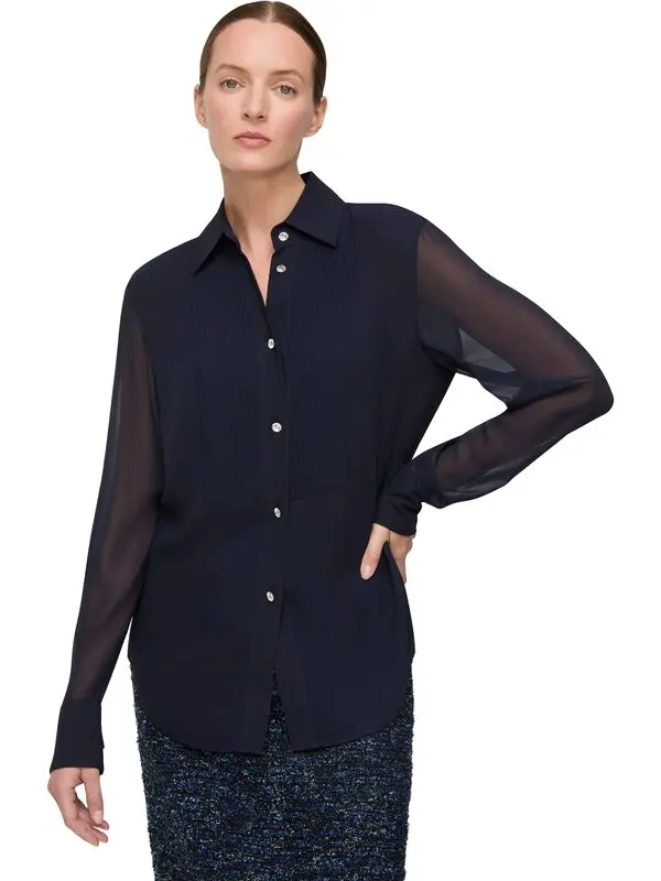 Lafayette 148 New York Silk Georgette Blouse With Swarovski Crystals - Blue Ink