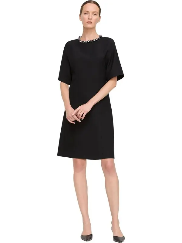 Lafayette 148 New York Wool-silk Crepe Midi Dress With Rhinestone Necklace - Black