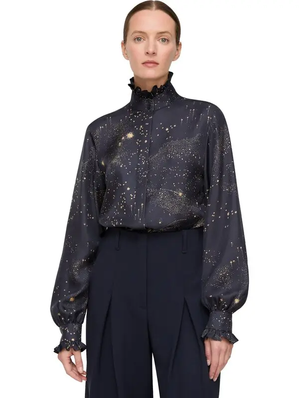 Lafayette 148 New York Cosmos Print Silk Blouse - Ink Multi