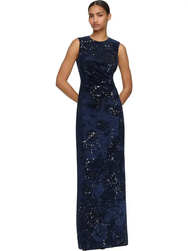 Lafayette 148 New York Chenille Jacquard Fitted Maxi Sheath Gown - Galaxy Blue Multi