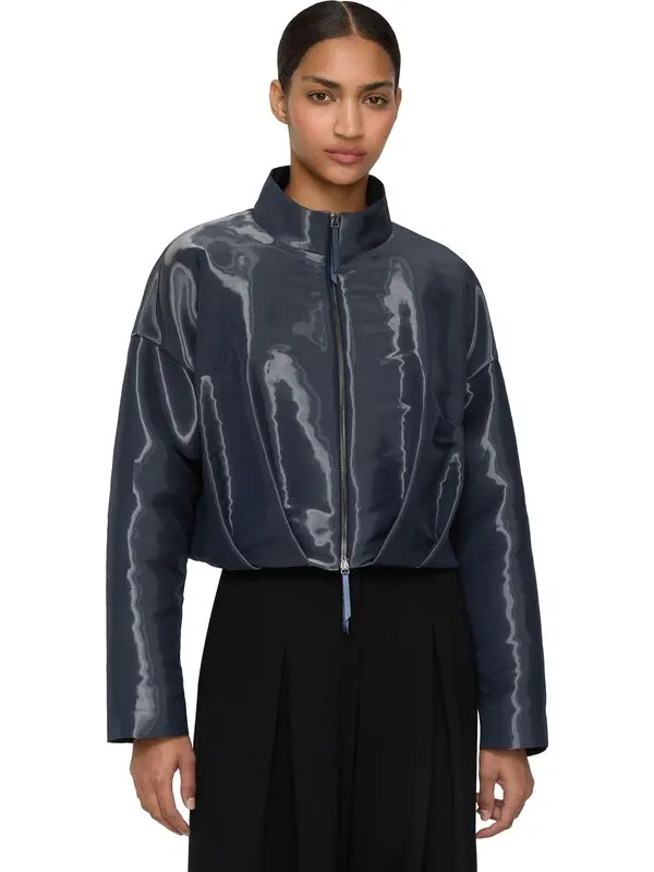 Lafayette 148 New York Twill Pleated Cropped Jacket - Ink Iridescent