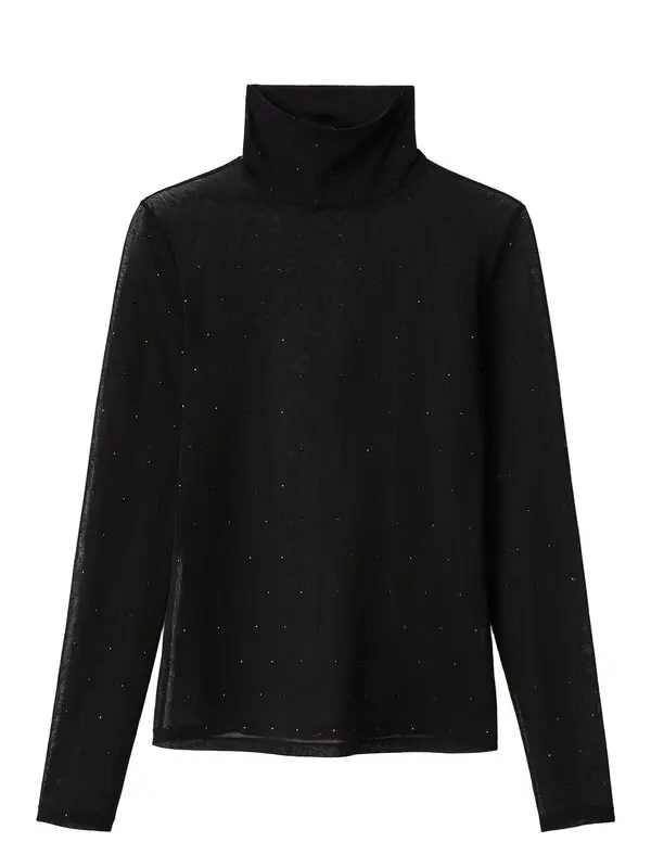 Lafayette 148 New York Sheer Cotton Turtleneck With Swarovski Crystals - Black