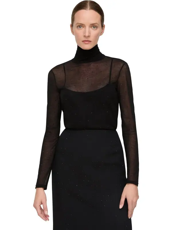 Lafayette 148 New York Sheer Cotton Turtleneck With Swarovski Crystals - Black