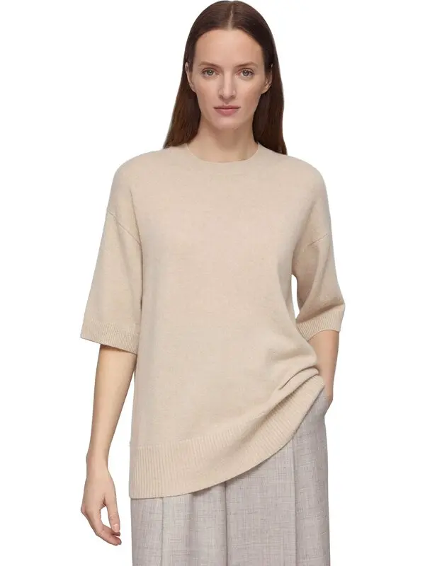 Lafayette 148 New York Cashmere Oversized Short Sleeve Sweater - Taupe Melange