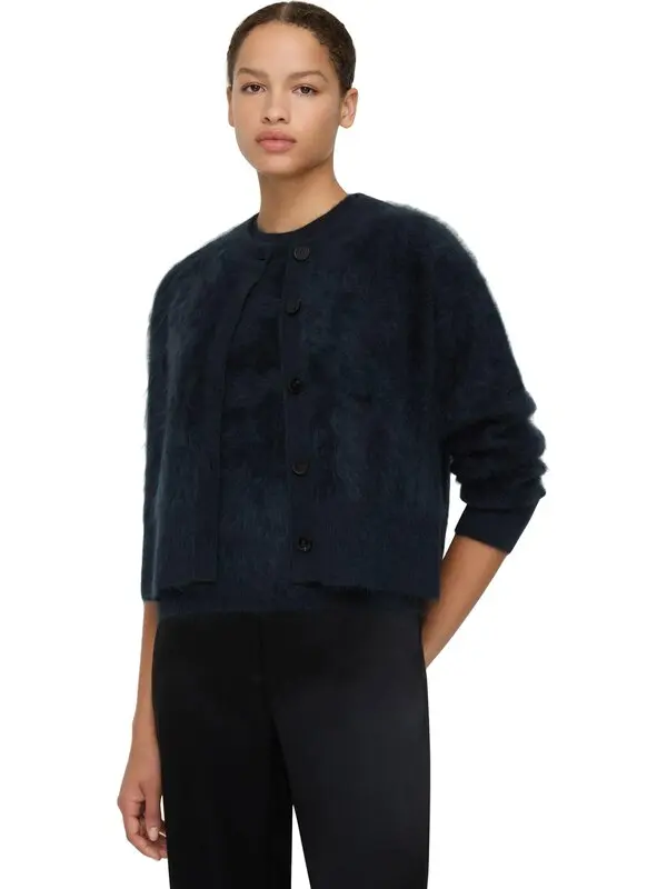 Lafayette 148 New York Brushed Cashmere Crewneck Cardigan - Blue Ink