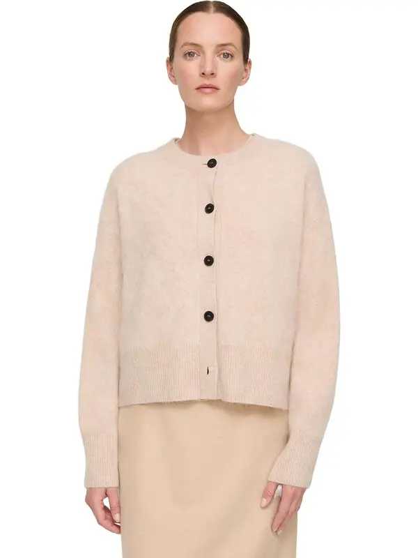 Lafayette 148 New York Brushed Cashmere Crewneck Cardigan - Natural Melange