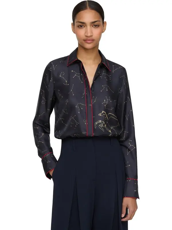 Lafayette 148 New York Constellation Print Silk Shirt - Ink Multi
