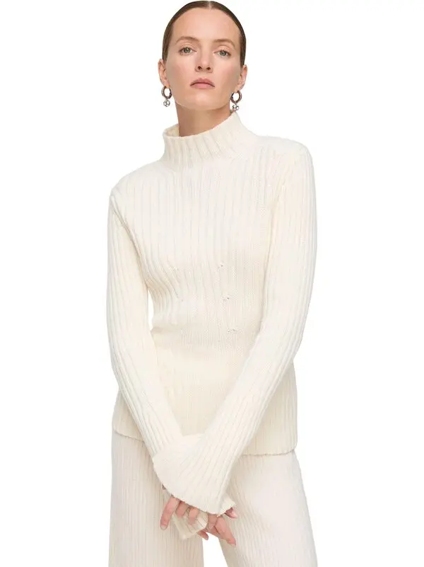 Lafayette 148 New York Ribbed Merino Wool Cashmere Bell Sleeve Sweater - Cloud