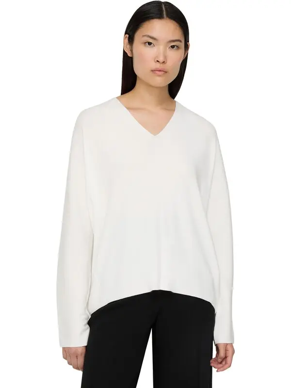 Lafayette 148 New York Ribbed Matte Crepe V-neck Sweater - Cloud