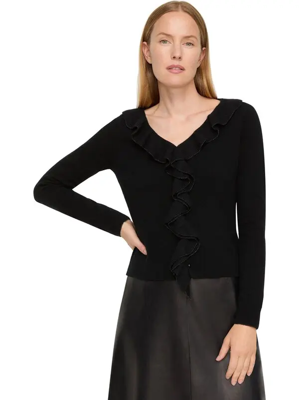 Lafayette 148 New York Cashmere Ruffle Cardigan Sweater - Black