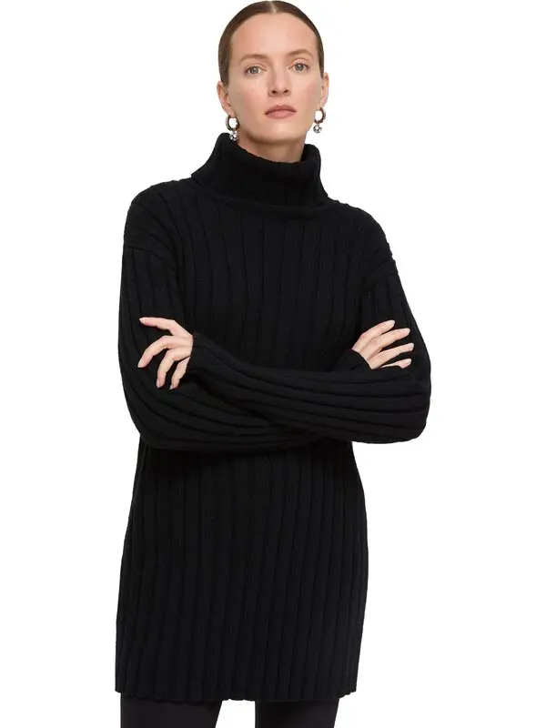 Lafayette 148 New York Ribbed Merino Wool Cashmere Turtleneck Sweater - Black