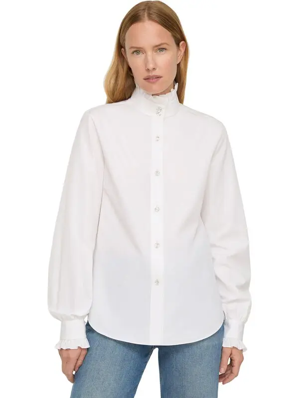 Lafayette 148 New York Cotton Poplin Shirt With Swarovski Crystals - White