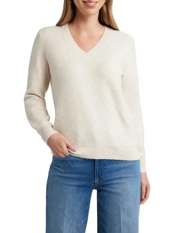 Caslon Sequin V-neck Sweater - Beige Oatmeal Light Heather