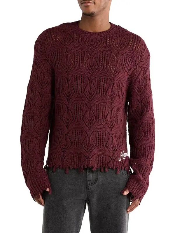 HONOR THE GIFT Cotton Crewneck Open Stitch Sweater - Berry