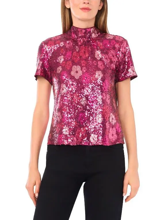 CECE DUPRAZ Sequin Floral Mock Neck Top - Rhododendron