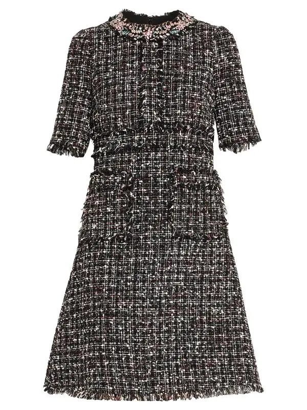 Rickie Freeman For Teri Jon Crystal-trim Fringed Tweed A-line Dress - Black Mult